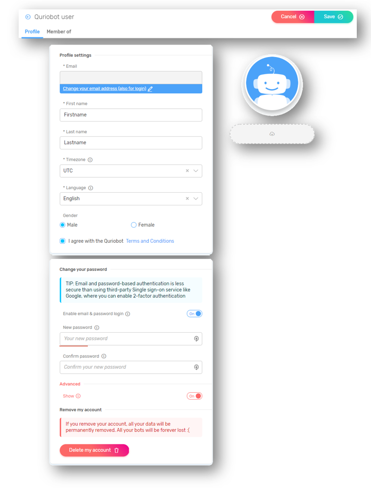 The options for your personal profile account (memberships, change ...